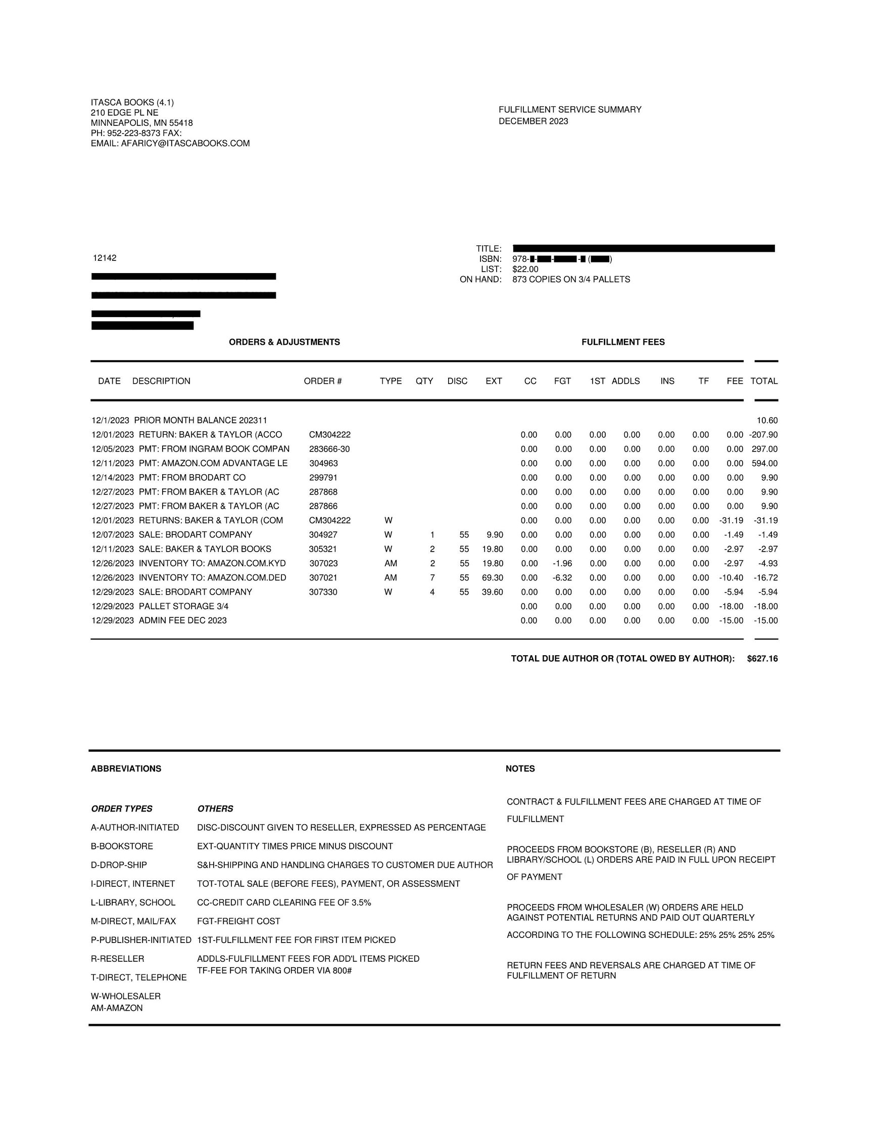 What does an Itasca billing statement look like?
